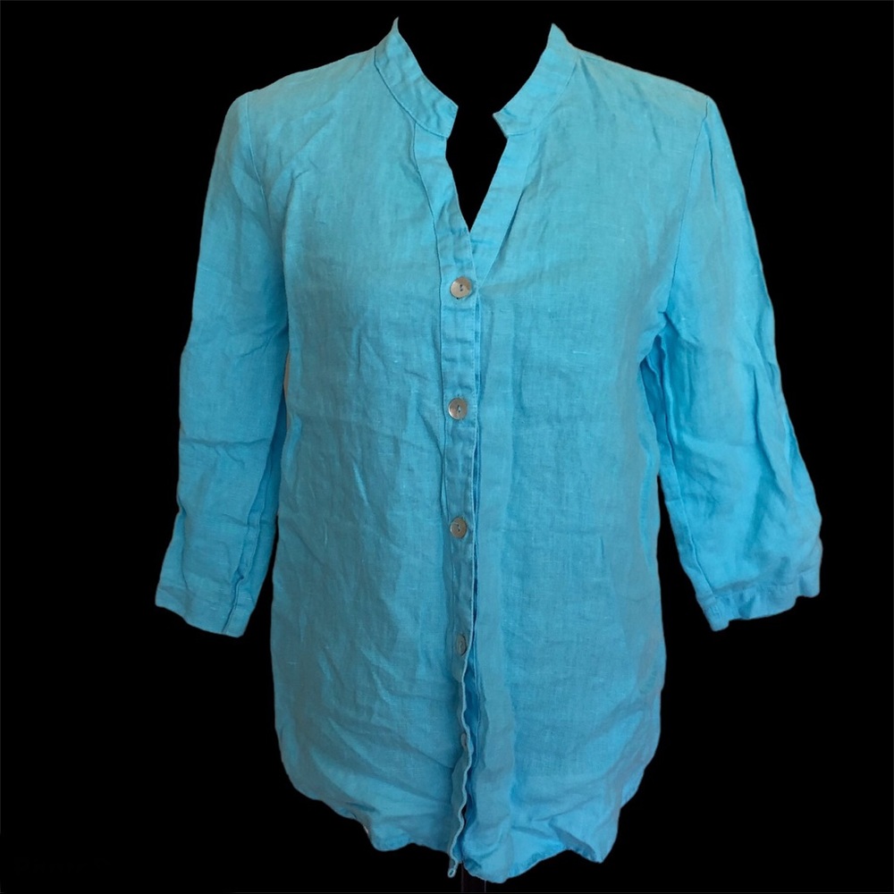 Hot Cotton M Turquoise Blue 100% Linen Button Top - Gem